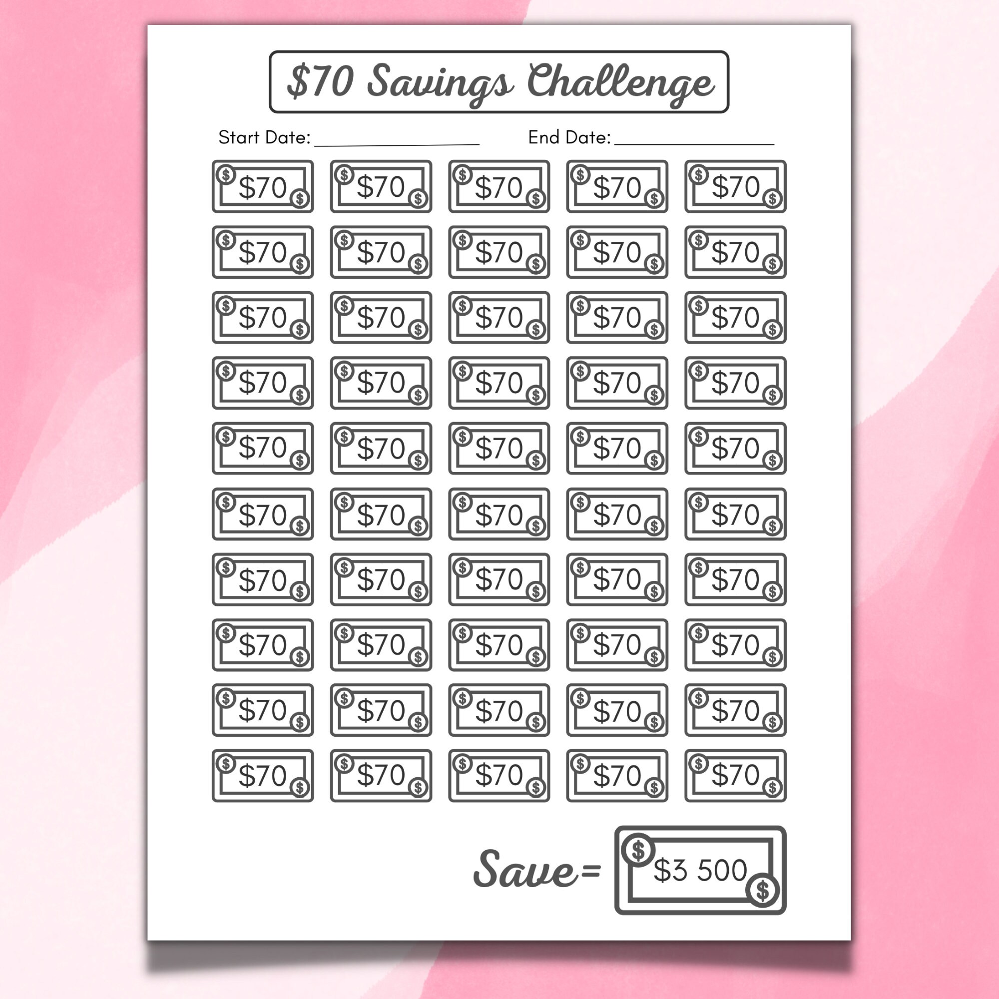 70 Dollar Savings Challenge Printable, Mini Savings Tracker, 50 Day ...