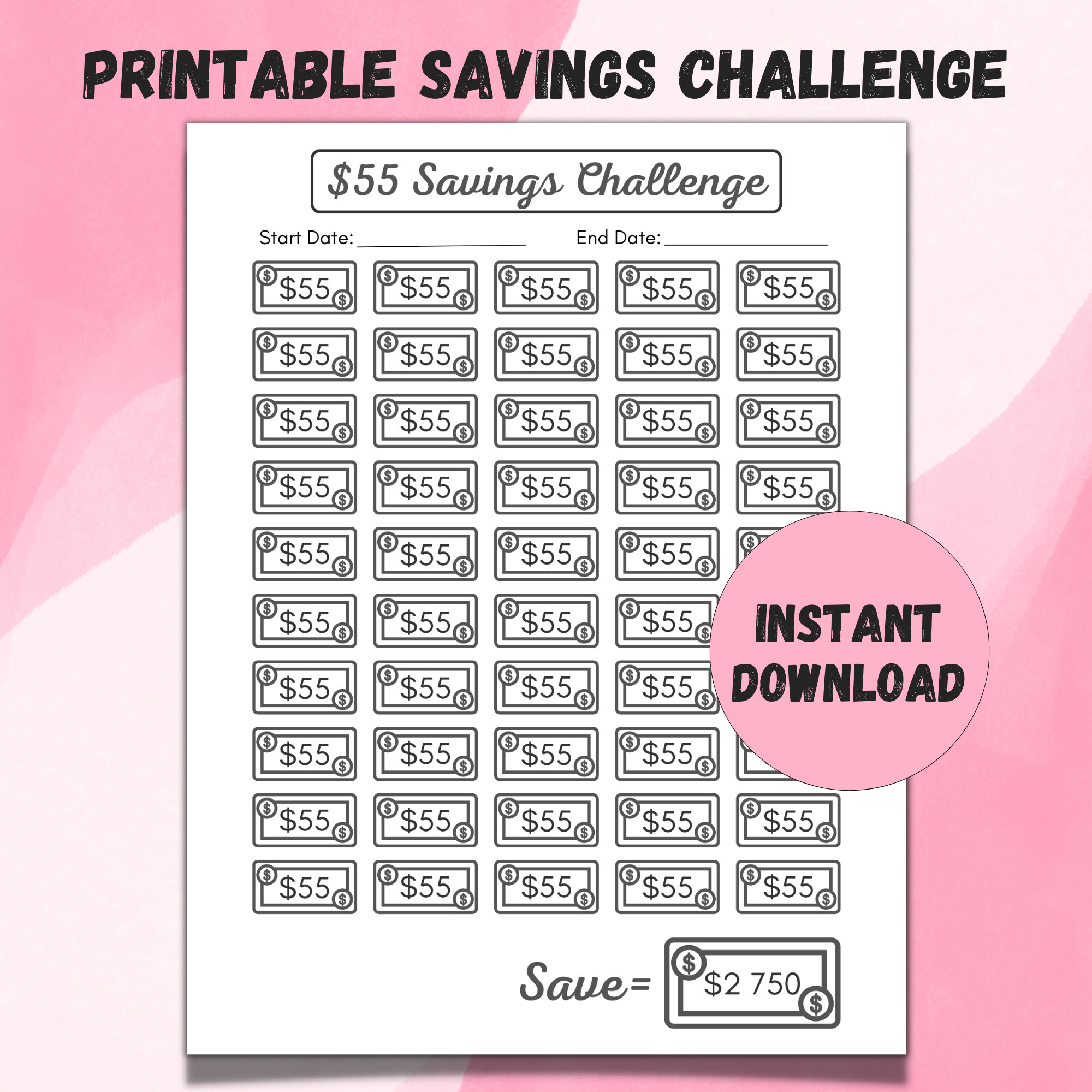 55 Dollar Savings Challenge Printable, Mini Savings Tracker, 50 Day ...
