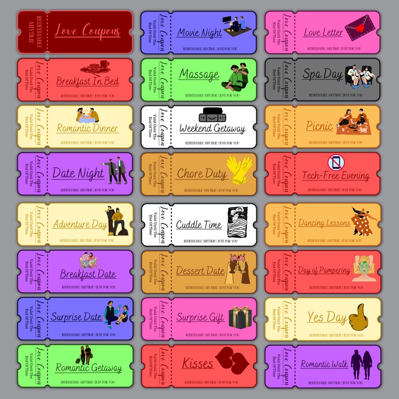 100 Printable Love Coupons for Him and Her, Couple Coupons, Valentines ...