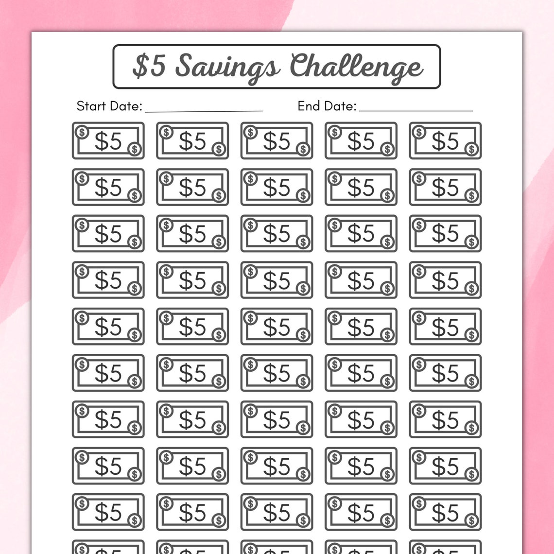 5 Dollar Savings Challenge Printable, Mini Savings Tracker, 50 Day ...