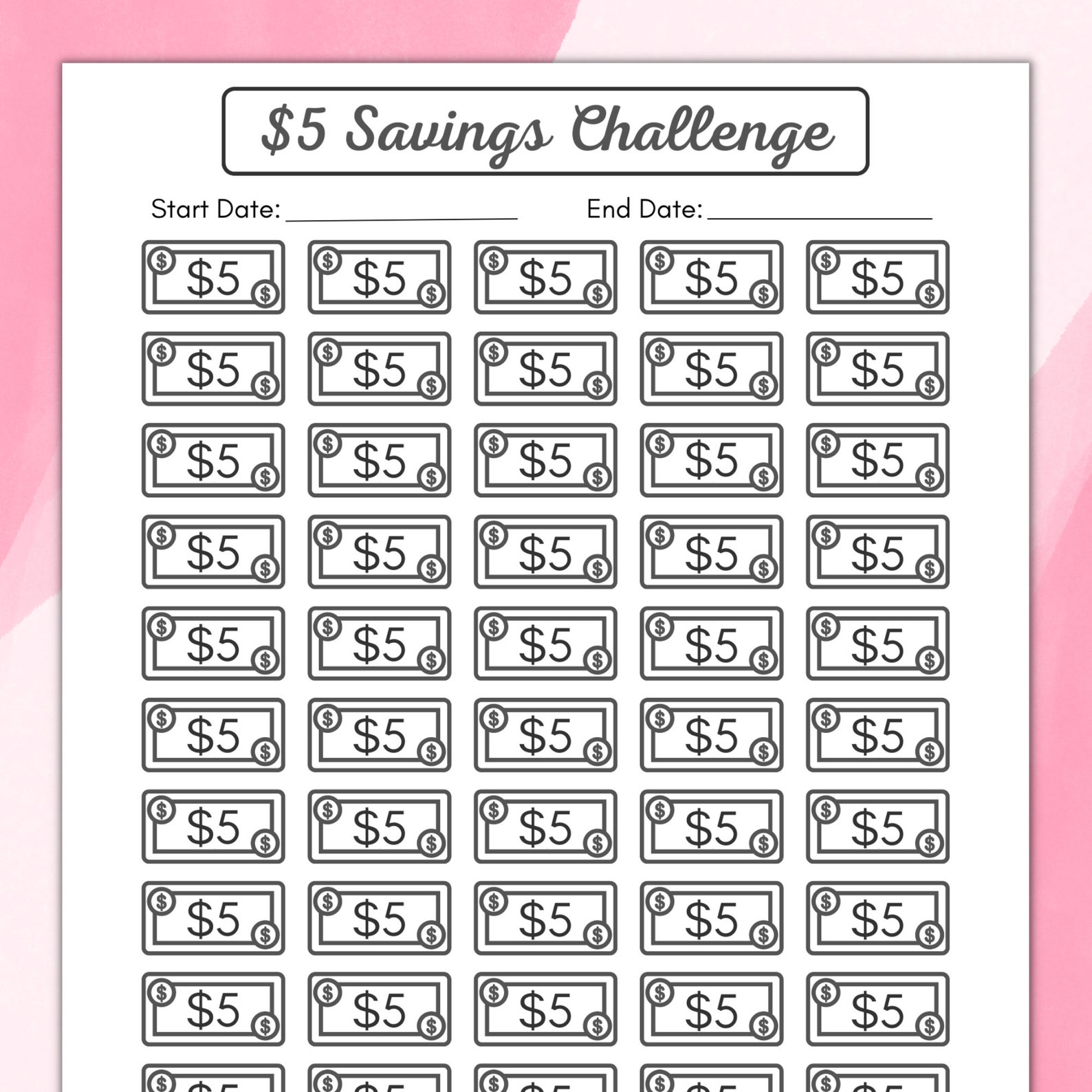 5 Dollar Savings Challenge Printable, Mini Savings Tracker, 50 Day ...