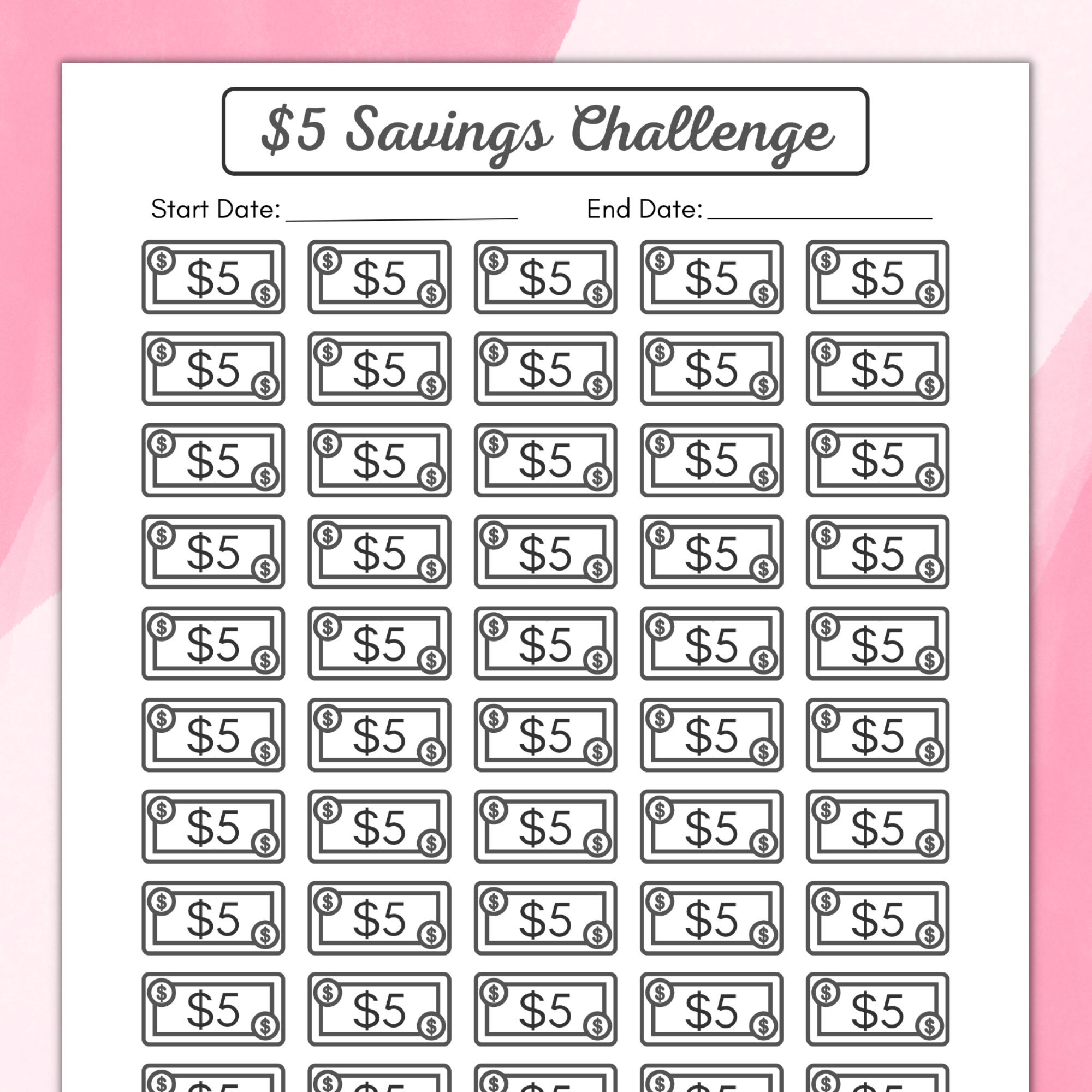 5 Dollar Savings Challenge Printable, Mini Savings Tracker, 50 Day ...