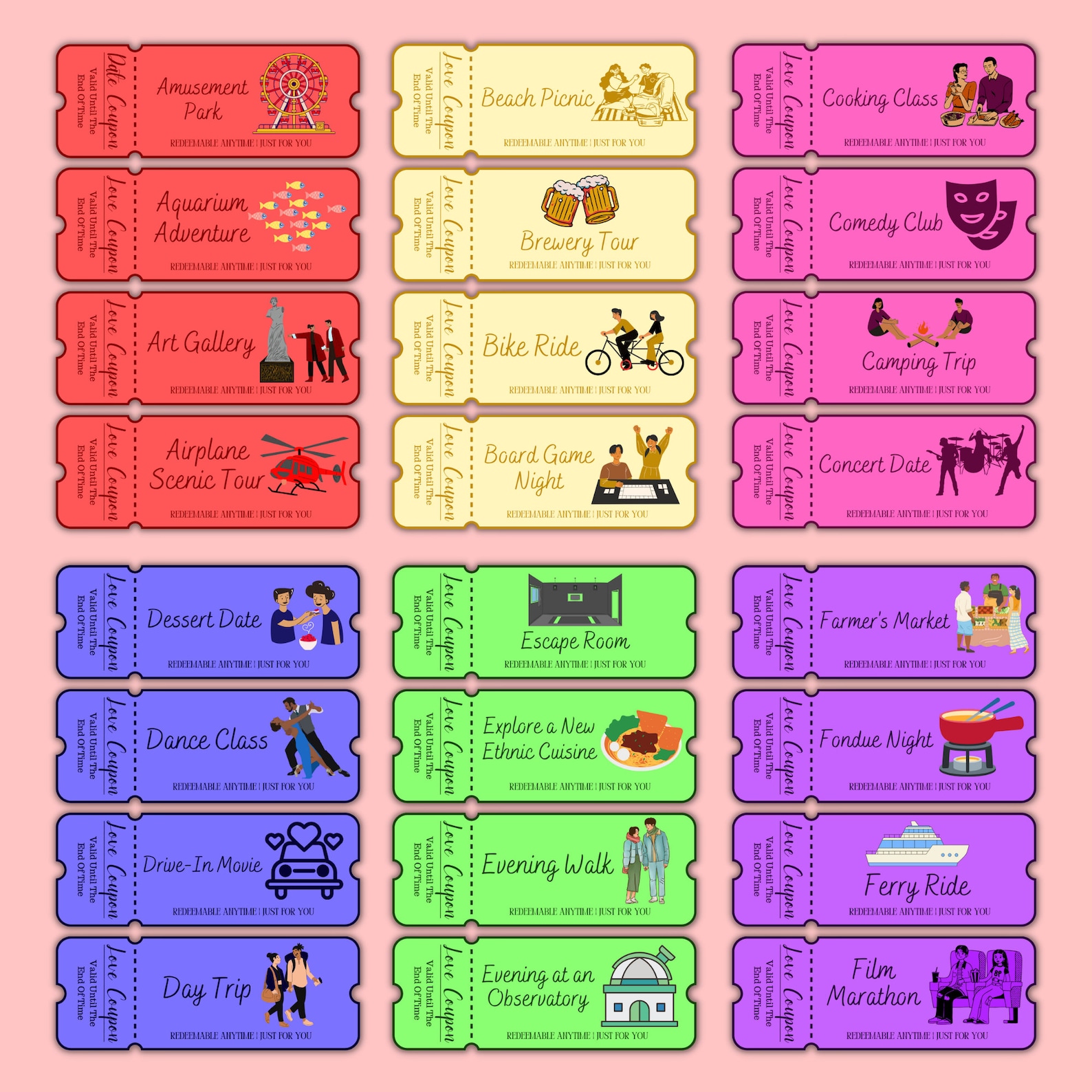 100 Printable Date Ideas Cards, Couple Love Coupons, Date Night Cards ...