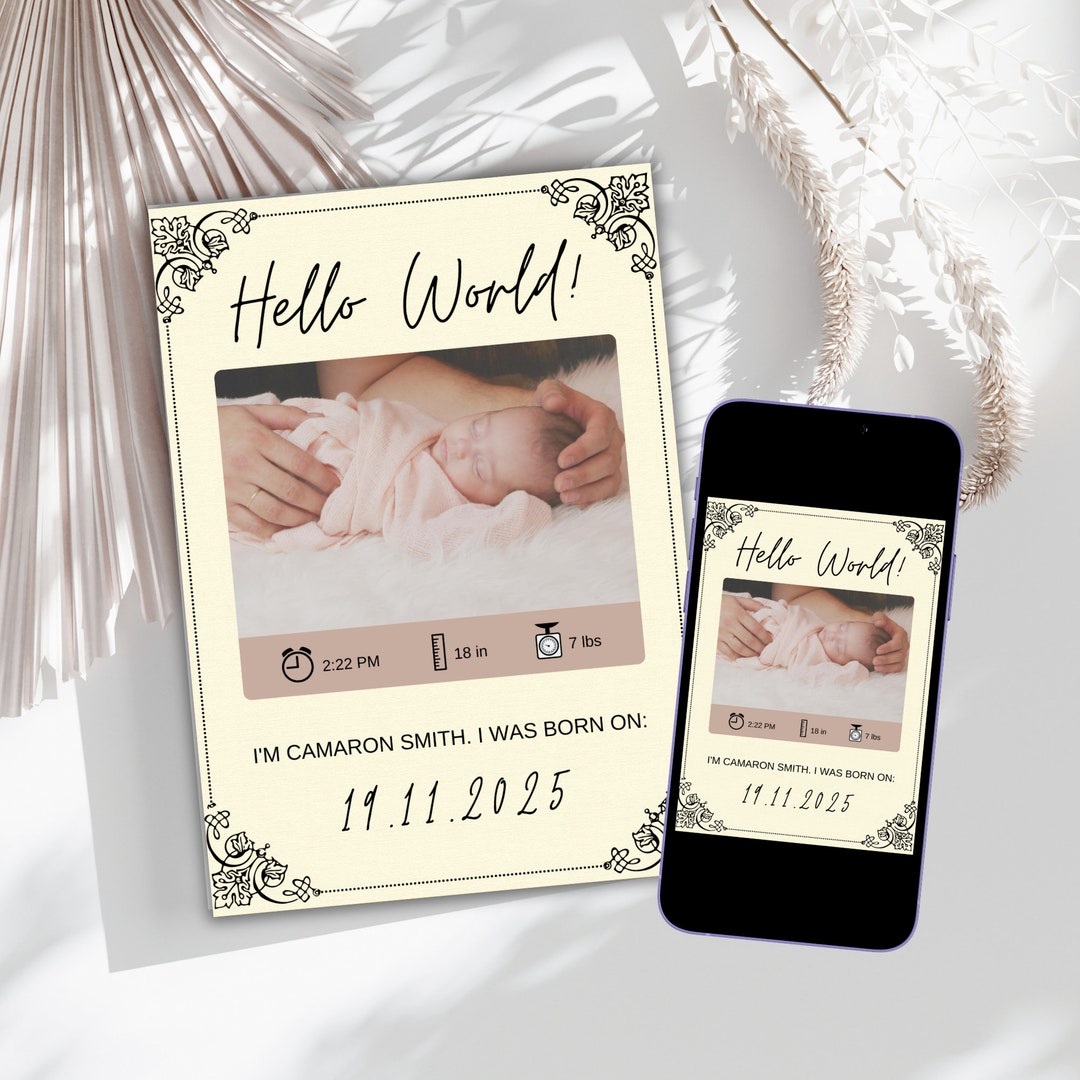 Printable Baby Birth Announcement Card, Digital Simple Birth ...