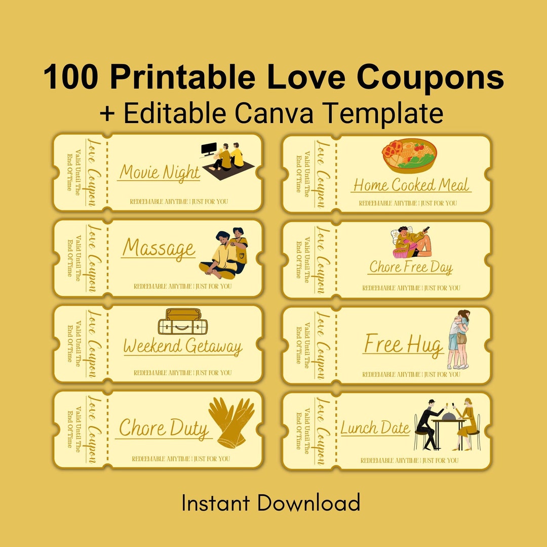 100 Printable Love Coupons for Him and Her, Couple Coupons, Valentines ...