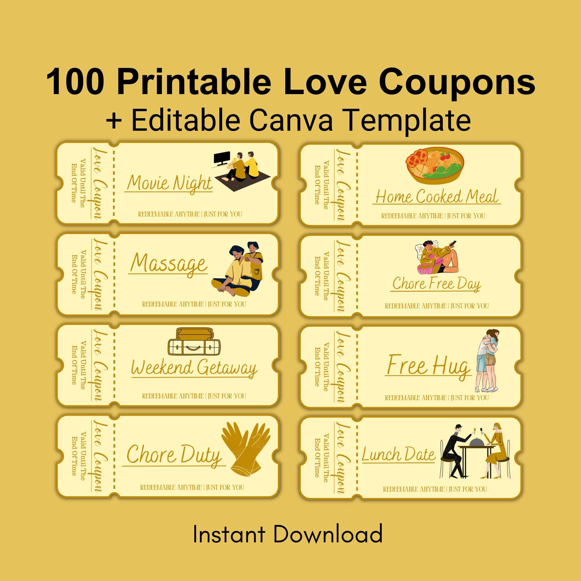 100 Printable Love Coupons for Him and Her, Couple Coupons, Valentines ...
