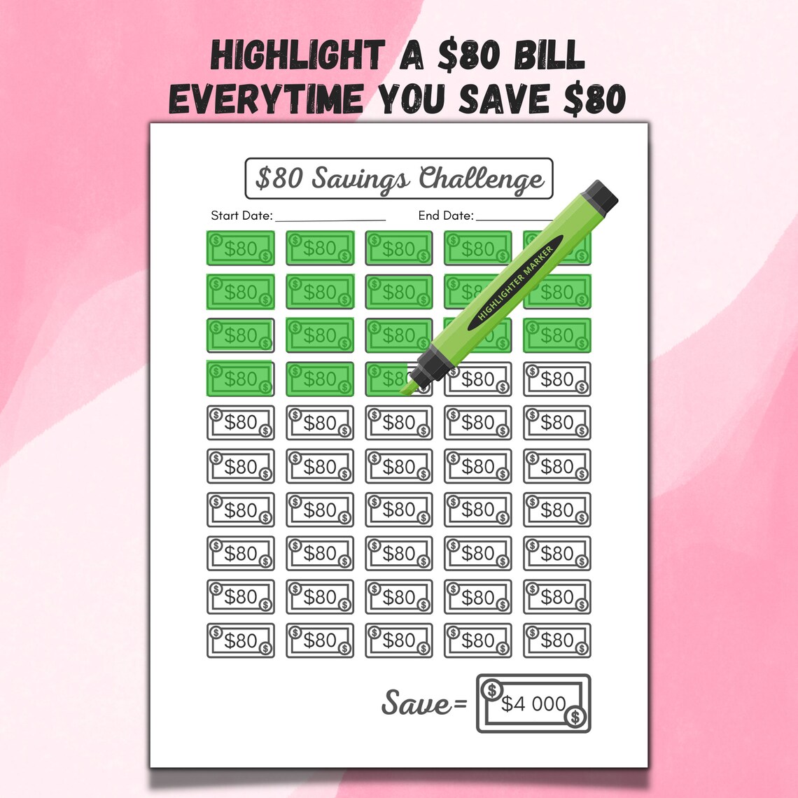 80 Dollar Savings Challenge Printable, Mini Savings Tracker, 50 Day ...