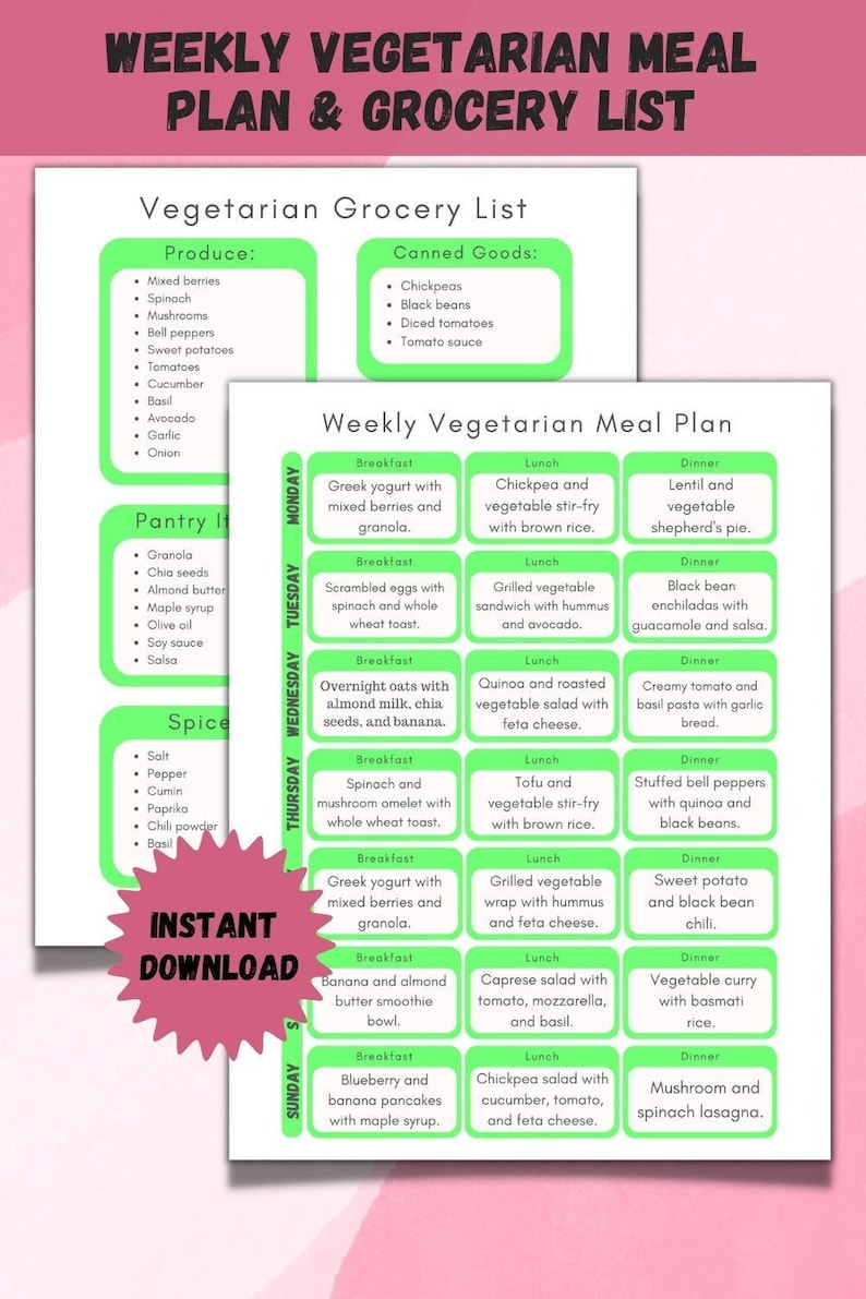 Weekly Vegetarian Meal Plan & Grocery List Printable, Shopping List ...