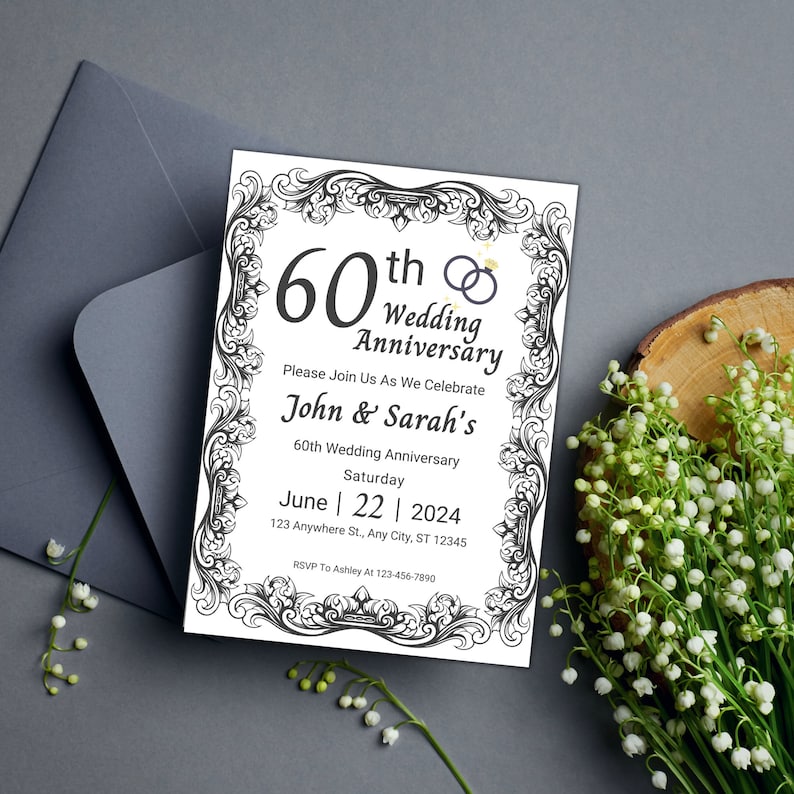 60th Wedding Anniversary Invitation Canva Template, Printable Vow ...