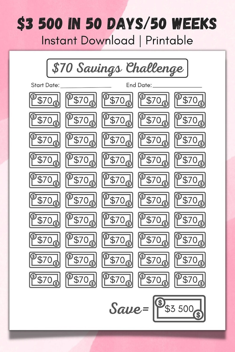 70 Dollar Savings Challenge Printable, Mini Savings Tracker, 50 Day ...