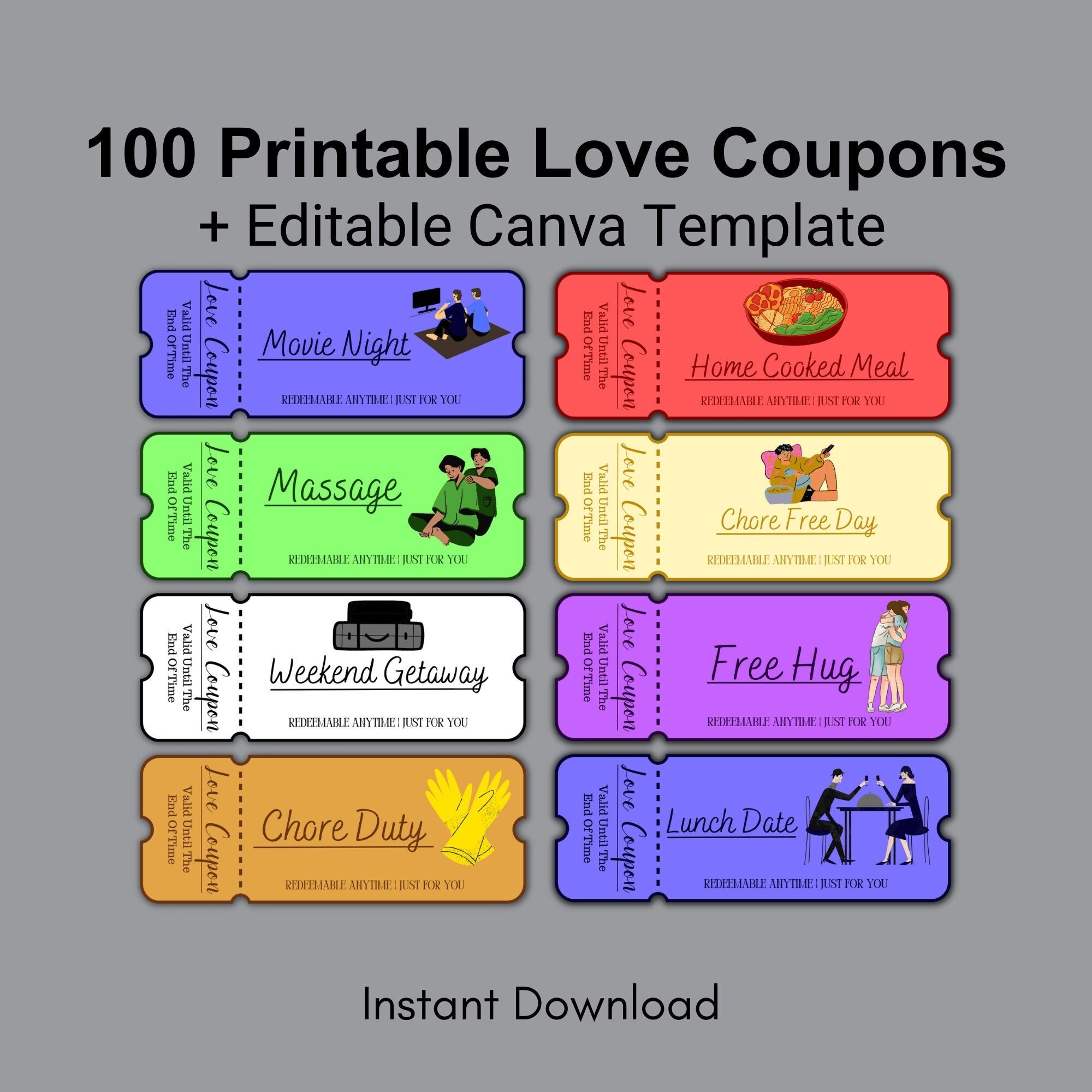 100 Printable Love Coupons for Him and Her, Couple Coupons, Valentines ...
