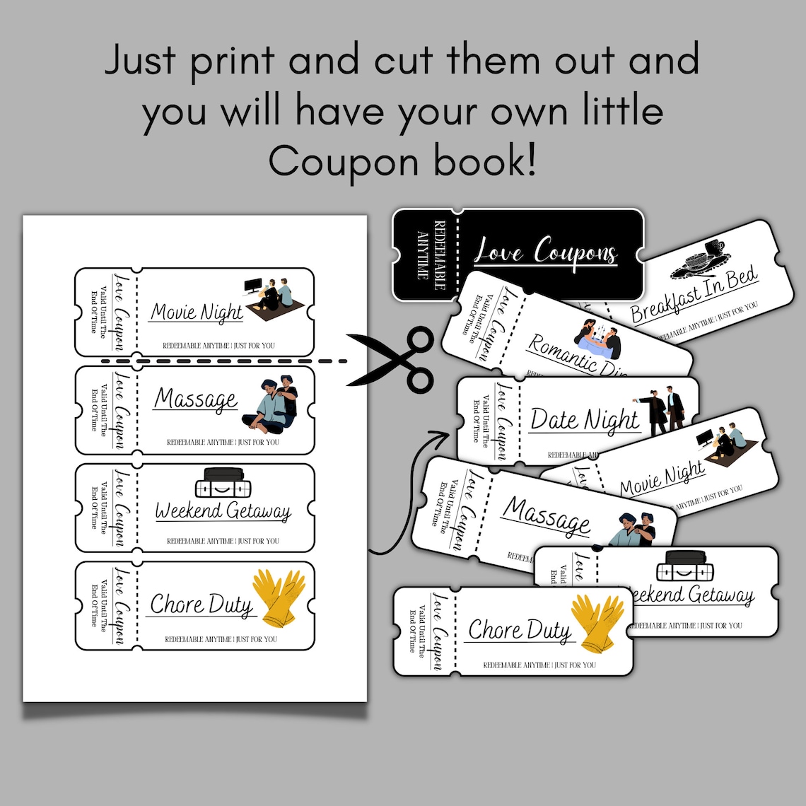 100 Printable Love Coupons for Him and Her, Couple Coupons, Valentines ...