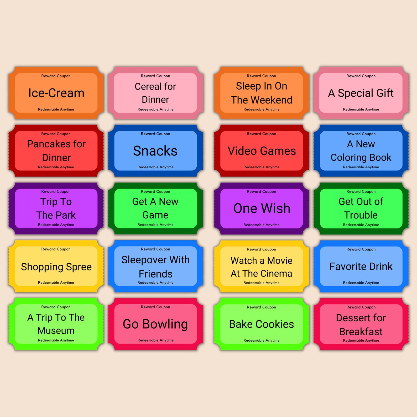 60 Printable Kids Reward Coupons, Kids Coupons, Gift for Children ...