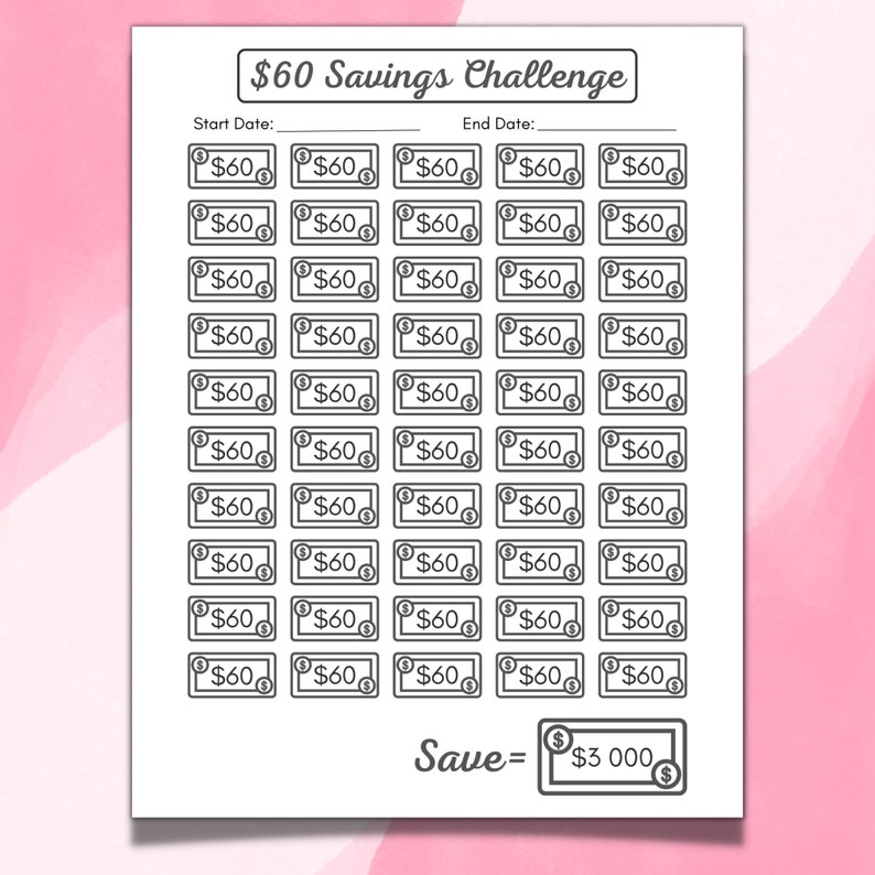60 Dollar Savings Challenge Printable, Mini Savings Tracker, 50 Day ...