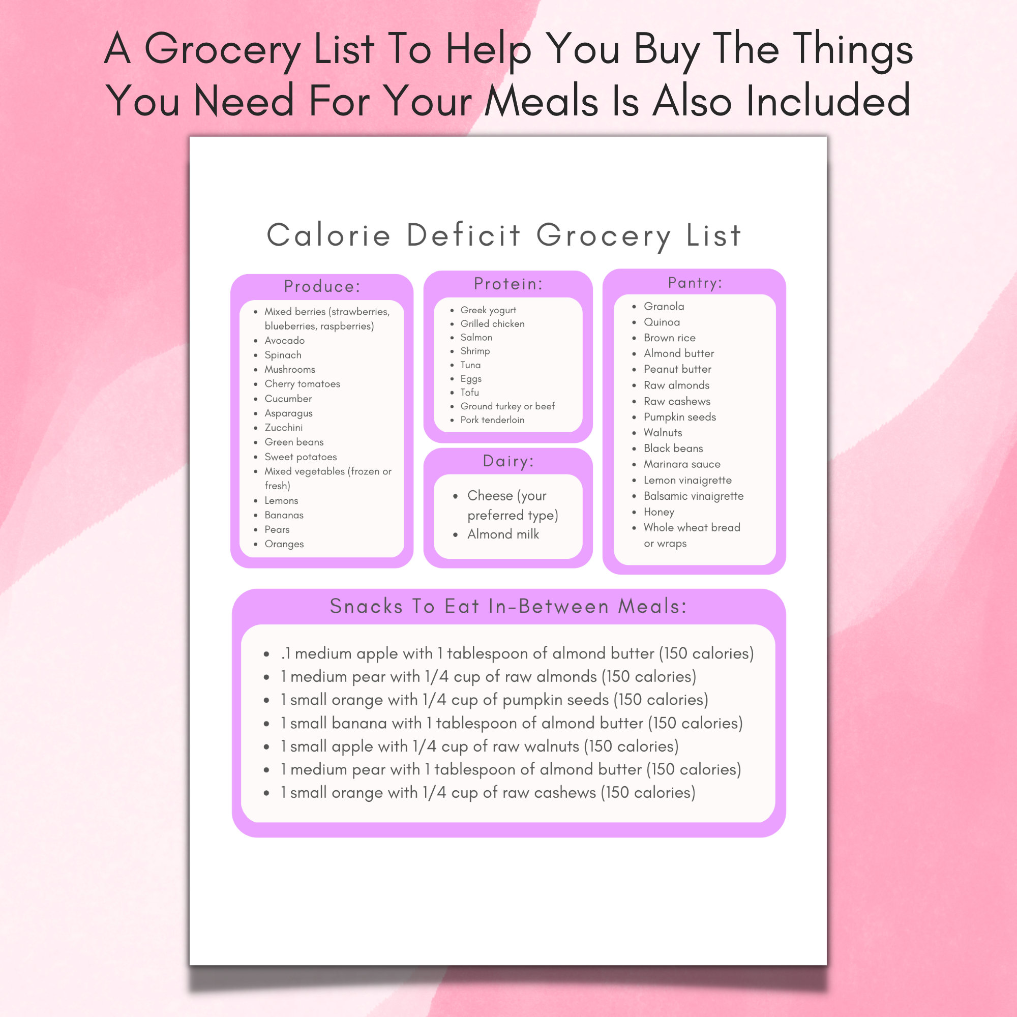 Weekly Calorie Deficit Meal Plan & Grocery List Printable, Shopping ...