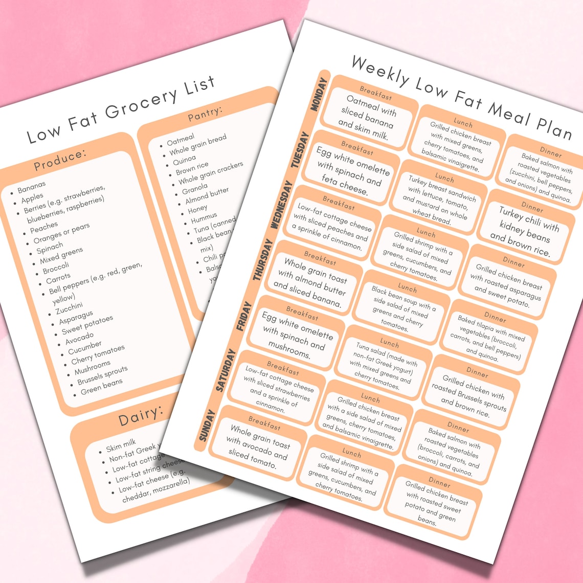 Weekly Low Fat Meal Plan & Grocery List Printable, Shopping List ...