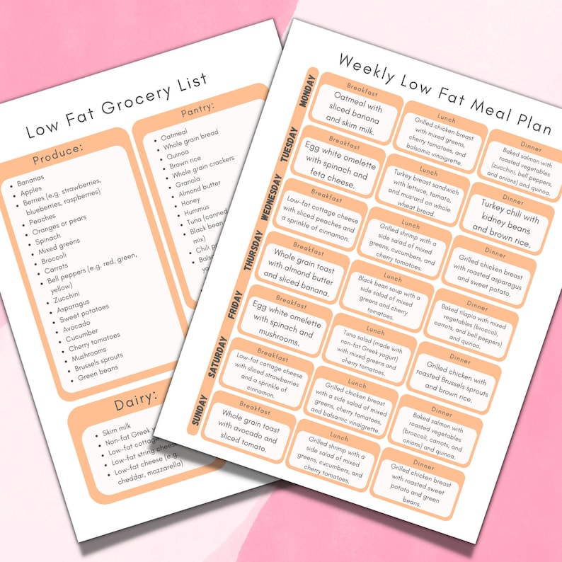 Weekly Low Fat Meal Plan & Grocery List Printable, Shopping List ...