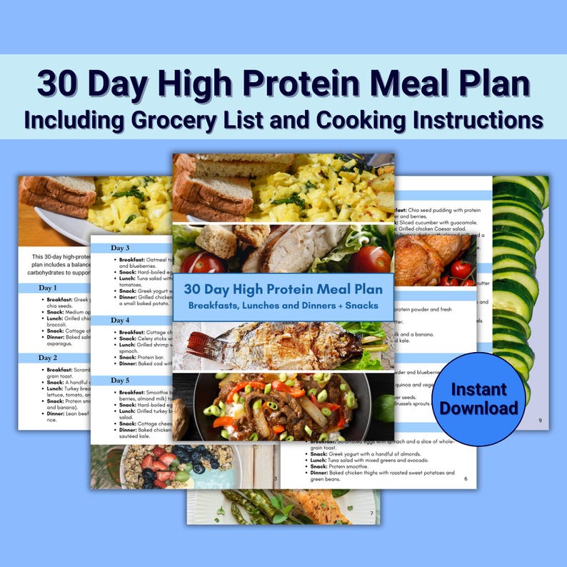 Printable 30 Day High Protein Meal Plan & Grocery List, Healthy ...