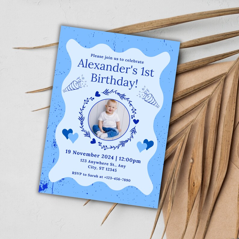 Editable 1st Birthday Party Invitation Canva Template, Digital First ...