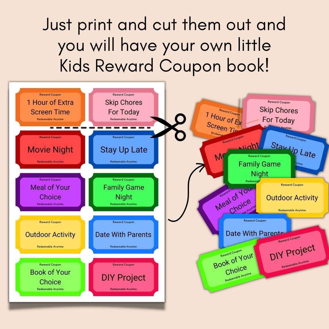 60 Printable Kids Reward Coupons, Kids Coupons, Gift for Children ...