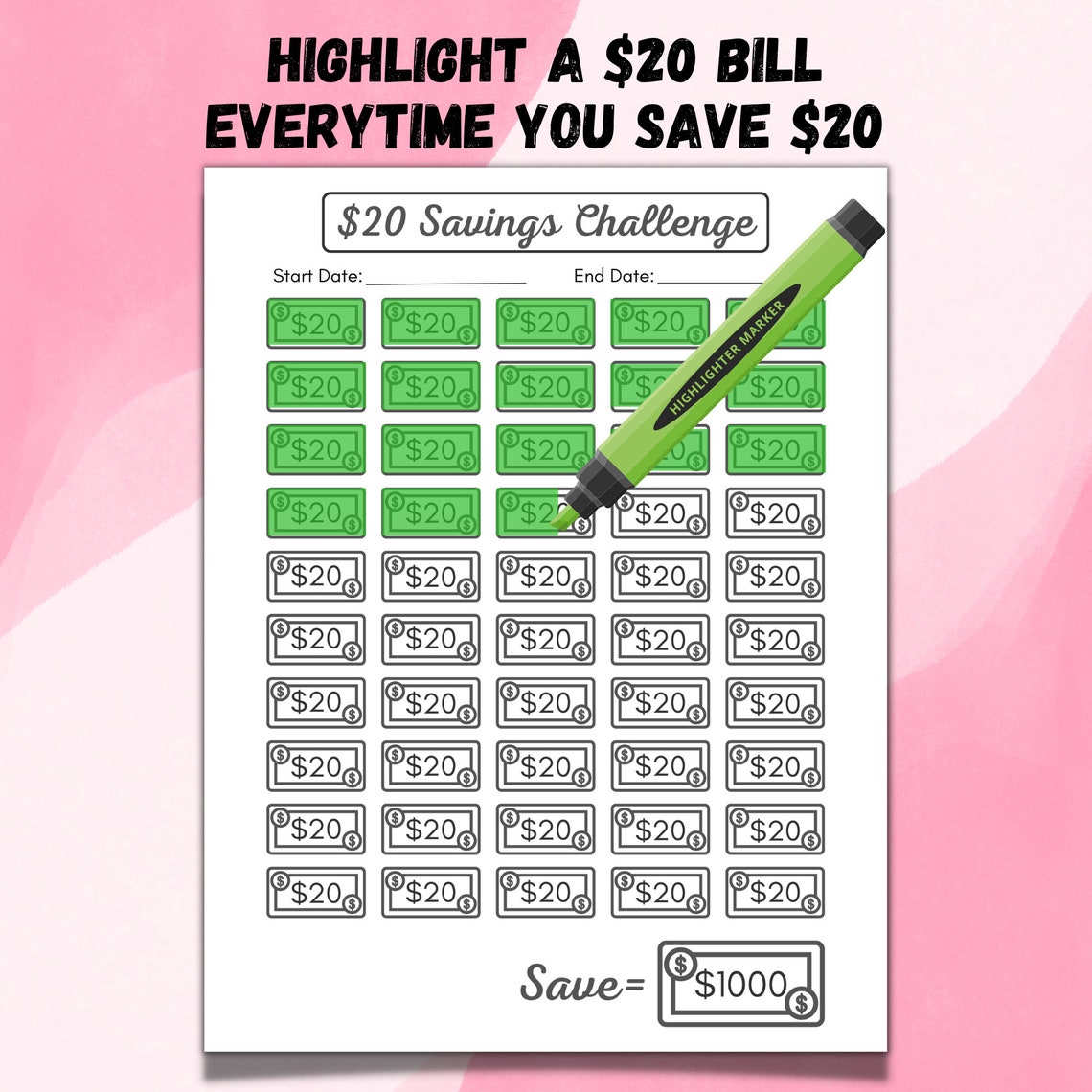 20 Dollar Savings Challenge Printable, Mini Savings Tracker, 50 Day ...