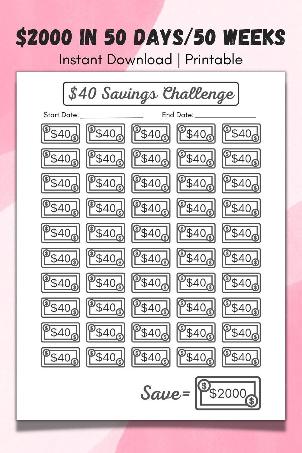 40 Dollar Savings Challenge Printable, Mini Savings Tracker, 50 Day ...