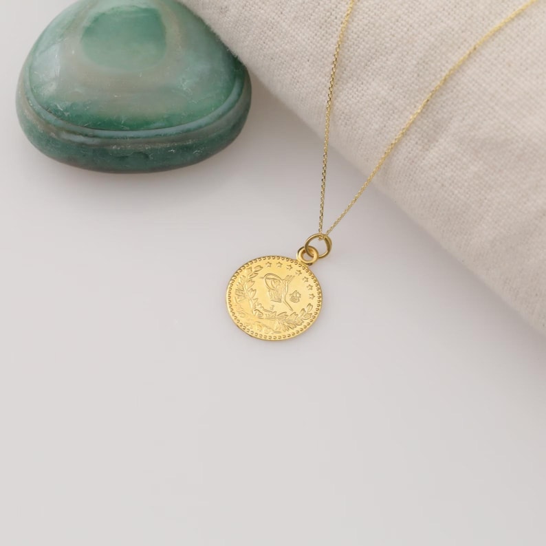 14K Solid Gold Ottoman Coin Necklace: Turkish Sign, Handmade Jewelry - Etsy