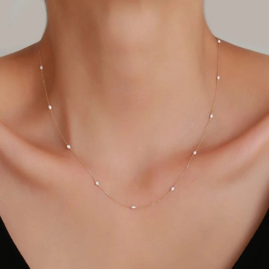 14K Solid Gold Dainty White Beaded Necklace / Dainty Bead Chain Choker ...