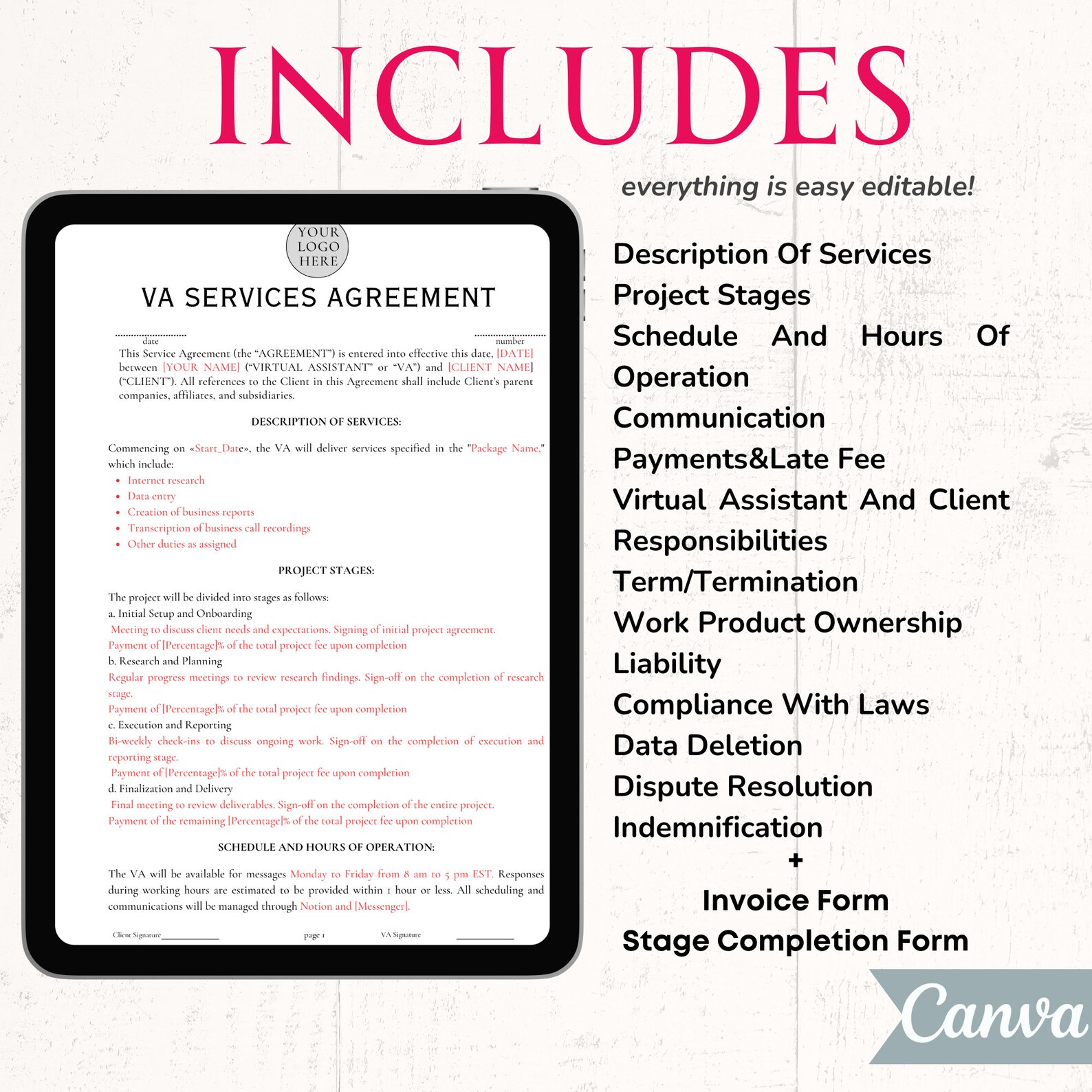 Virtual Assistant Contract Template VA Project Basis Contract Form ...