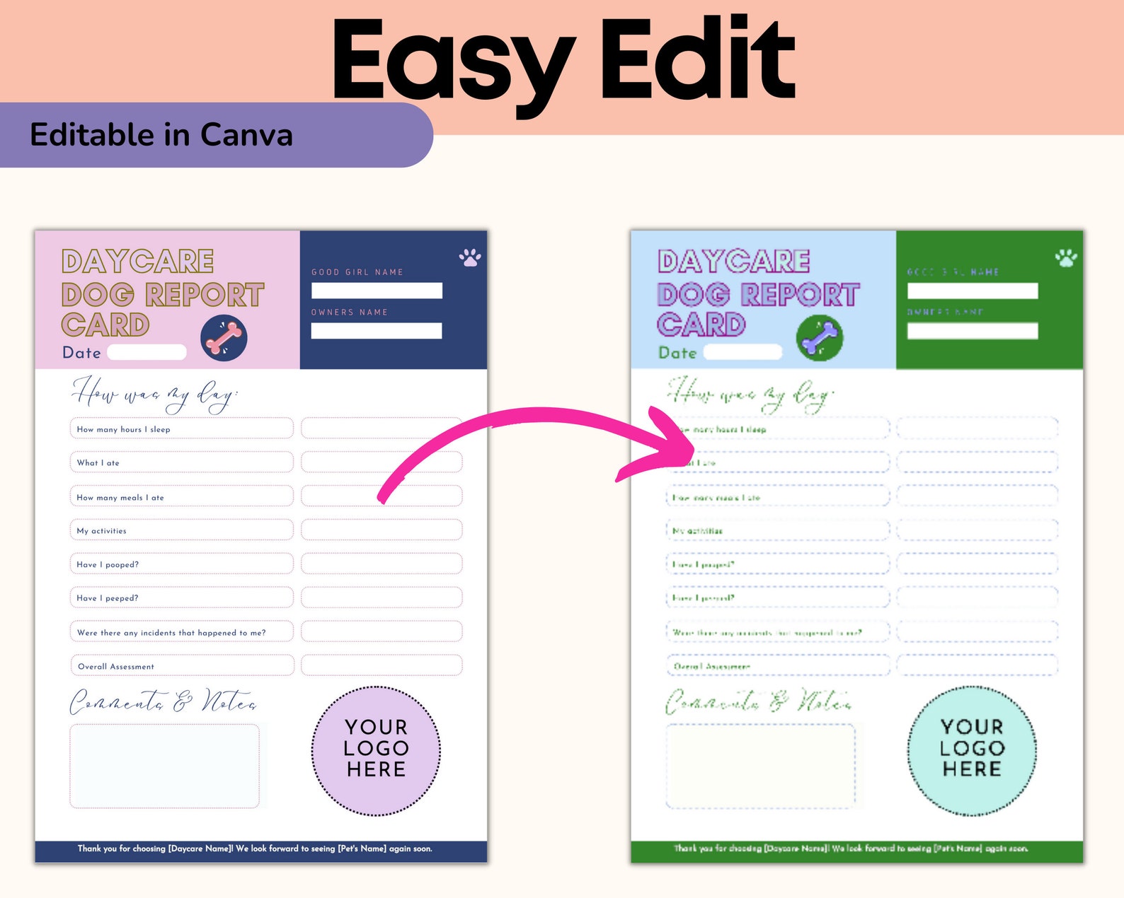 Dog Report Card Dog Walking Report Form Pet Boarding Business Pet ...