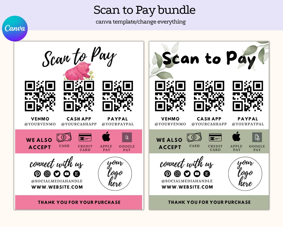 Cute Scan to Pay Sign Template Green Payment Sign Printable - Etsy