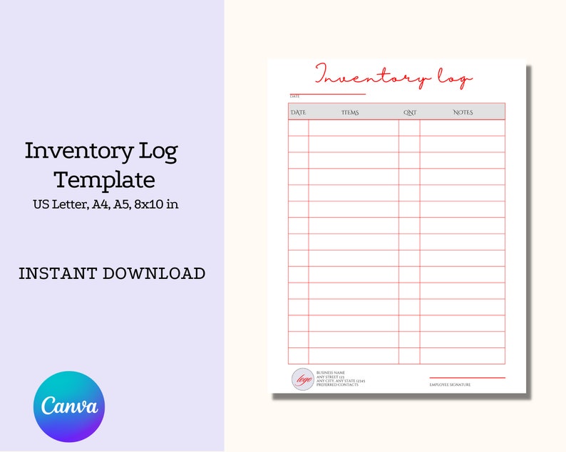 Printable Inventory Tracking Sheet Inventory Log Product Inventory List Inventory Template ...