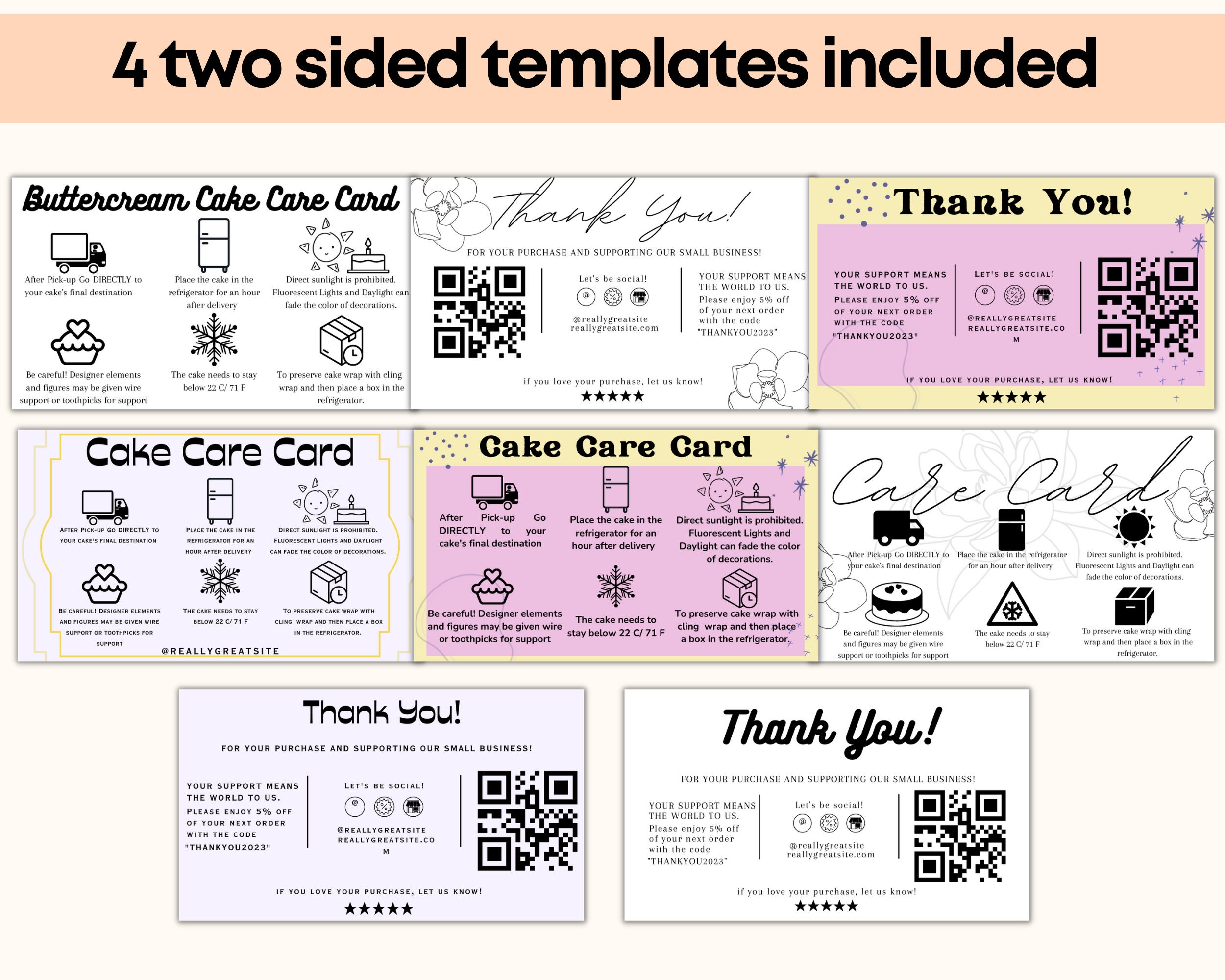 Cake Care Card Bundle Buttercream Cake Card Template Bakery - Etsy