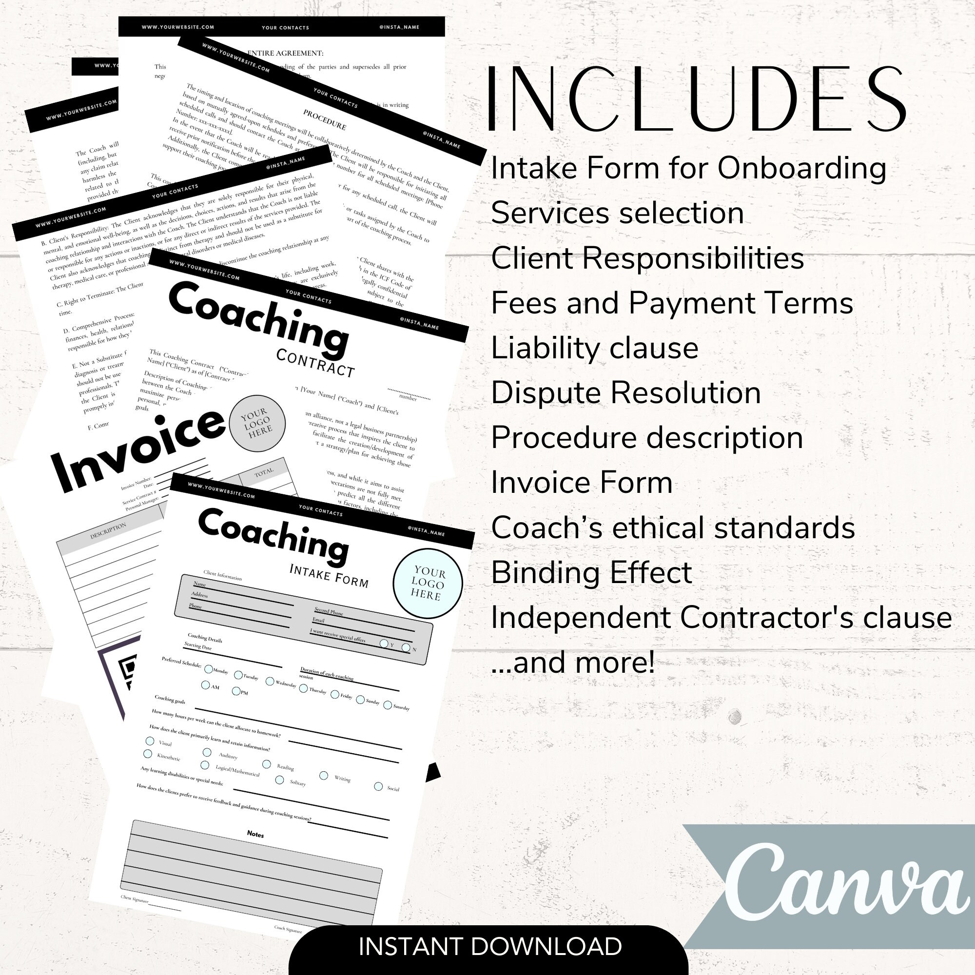 Coaching Contract Template Coach Client Intake Form Coach Invoice Form ...