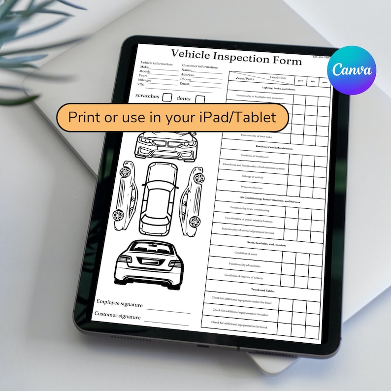 Vehicle Inspection Form Car Checking Repair Shop Intake Form Repair ...