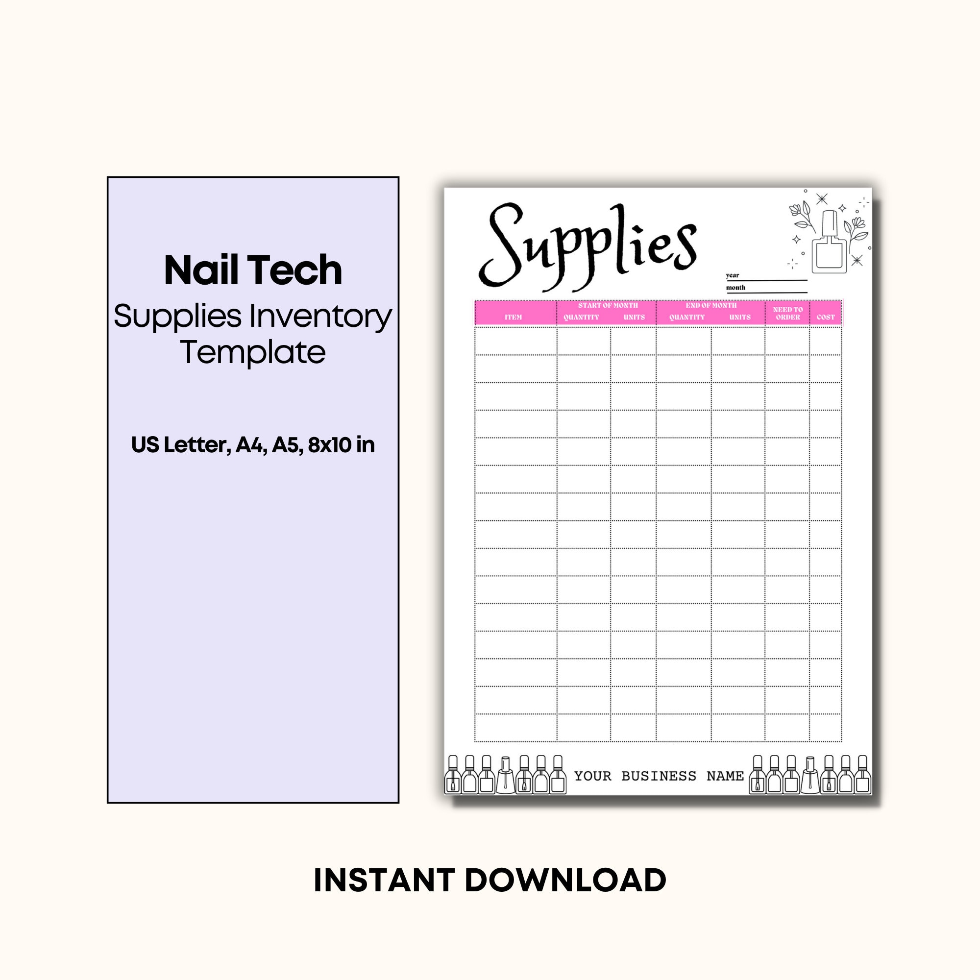 Nail Salon Forms Editable Inventory Management Form Shellac Inventory Tracker Nail Tech Editable ...