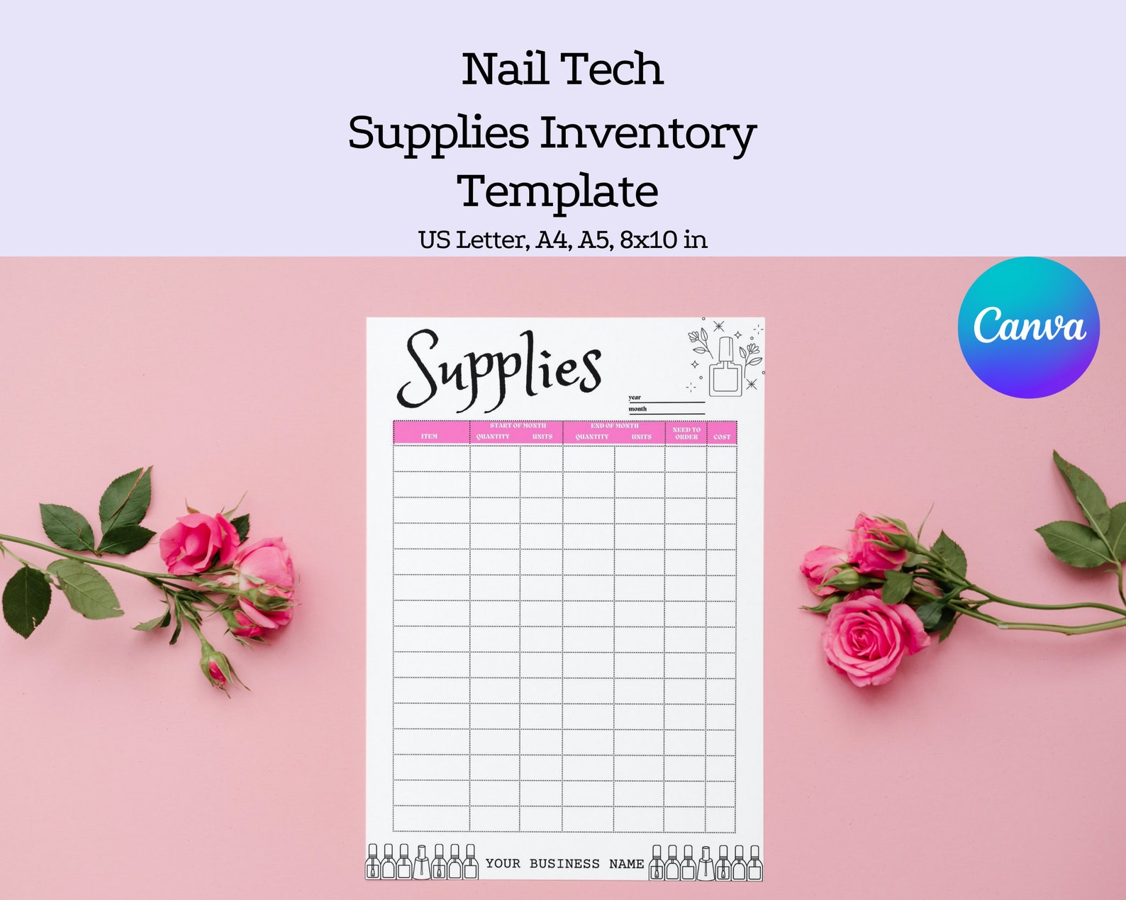 Nail Salon Forms Editable Inventory Management Form Shellac Inventory Tracker Nail Tech Editable ...