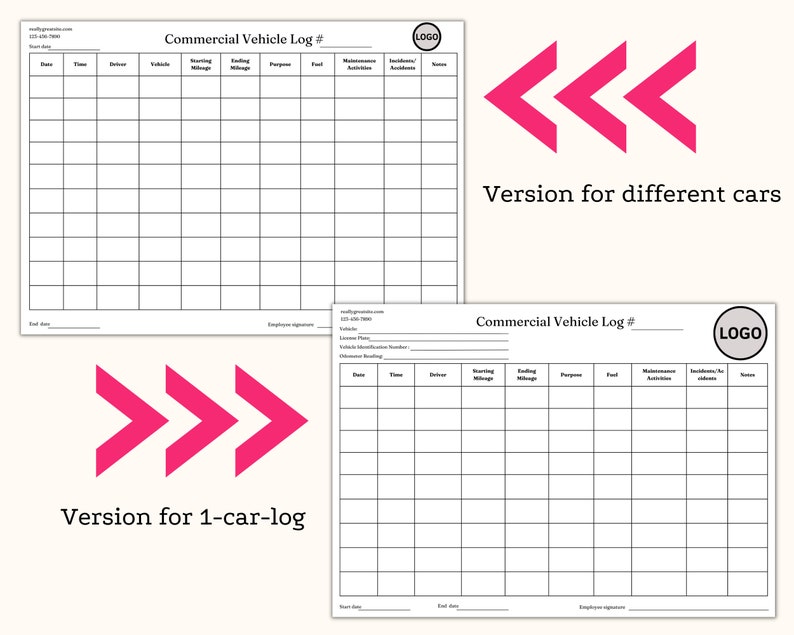 Commercial Vehicle Log Form Vehicle Logbook Vehicle Usage Record ...
