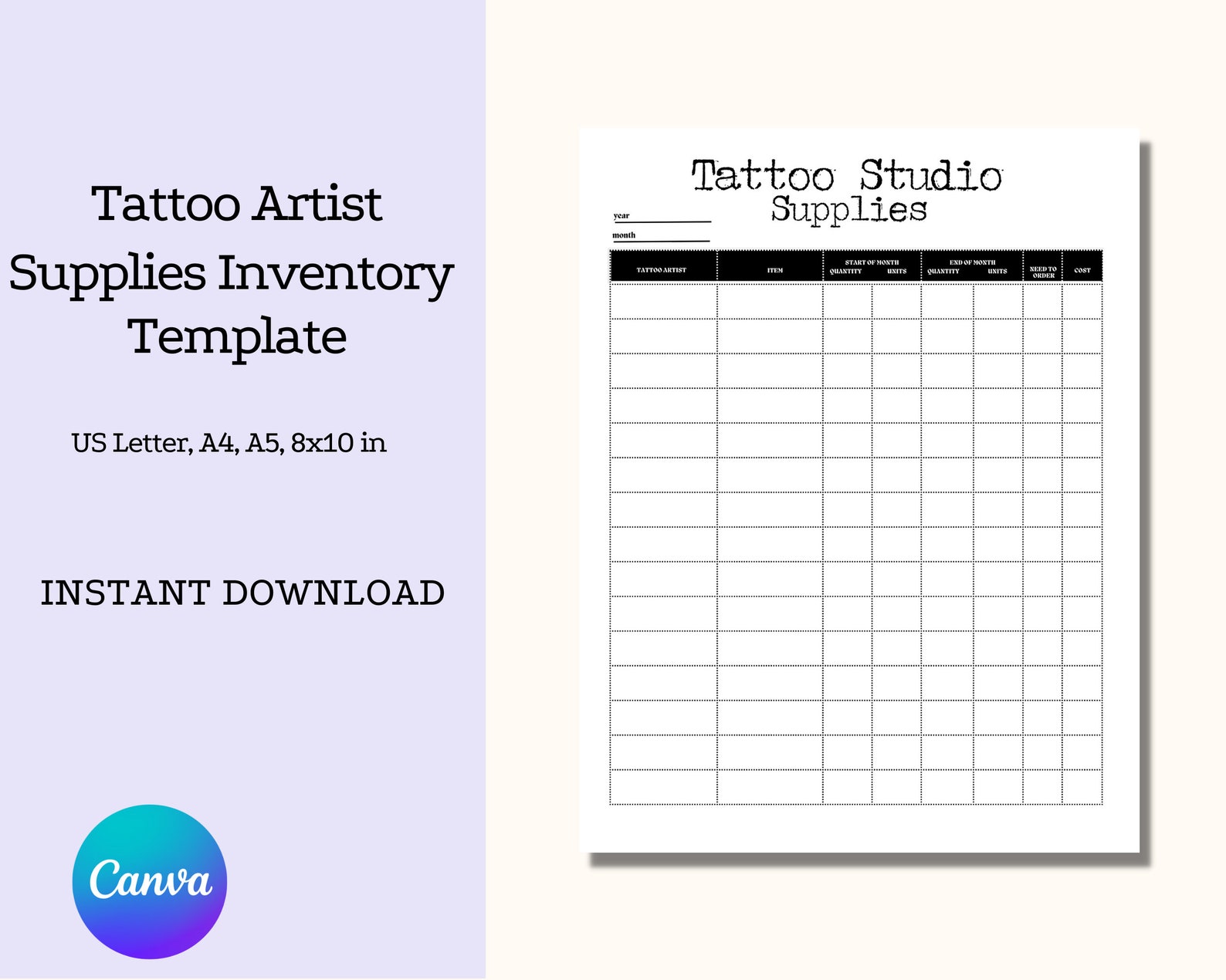 Tattoo Salon Printable Inventory Tracker Tattoo Shop Inventory Sheet ...