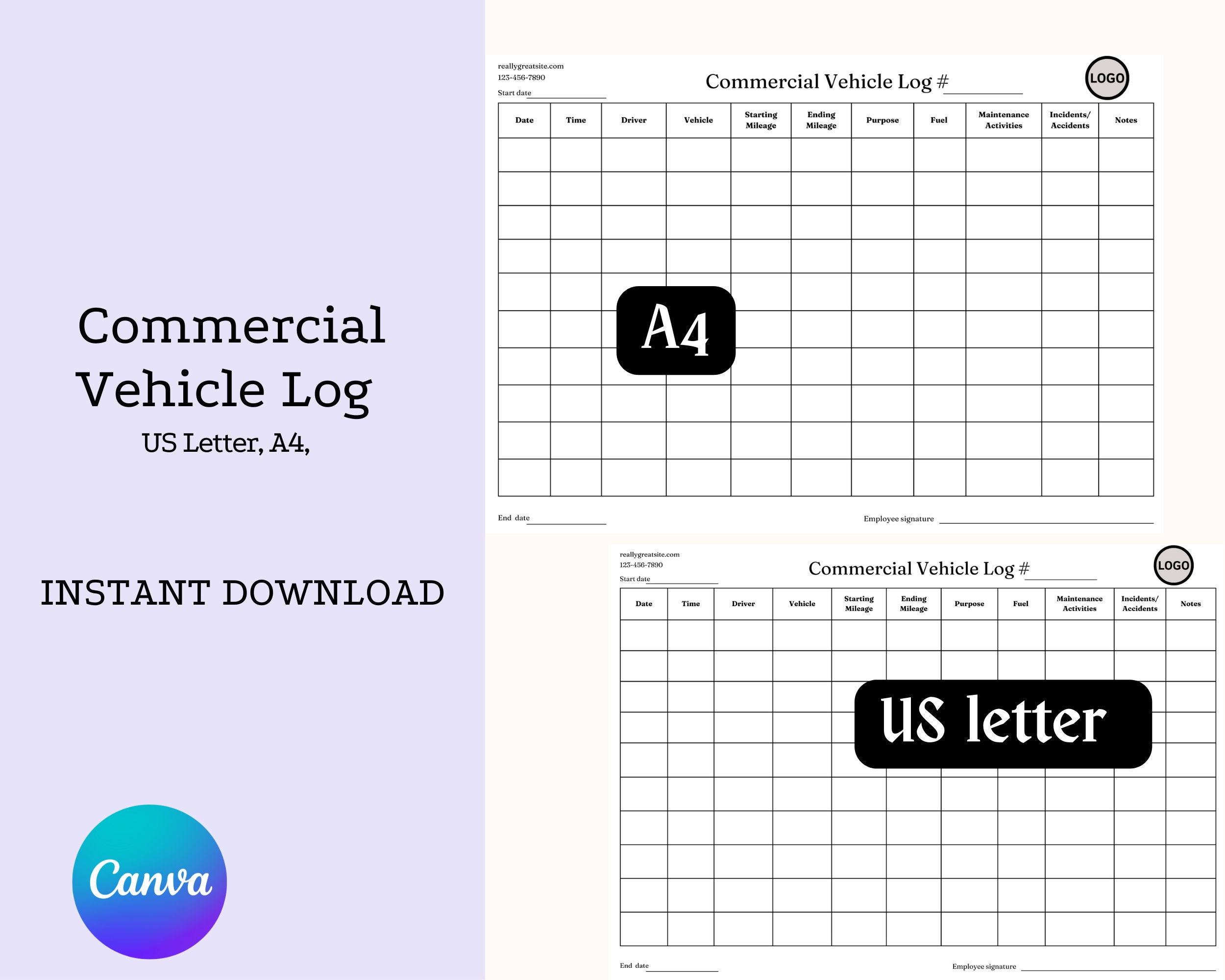 Commercial Vehicle Log Template Vehicle Logbook Vehicle Usage Record ...