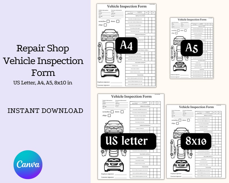 Vehicle Inspection Form Car Checking Repair Shop Intake Form Repair ...