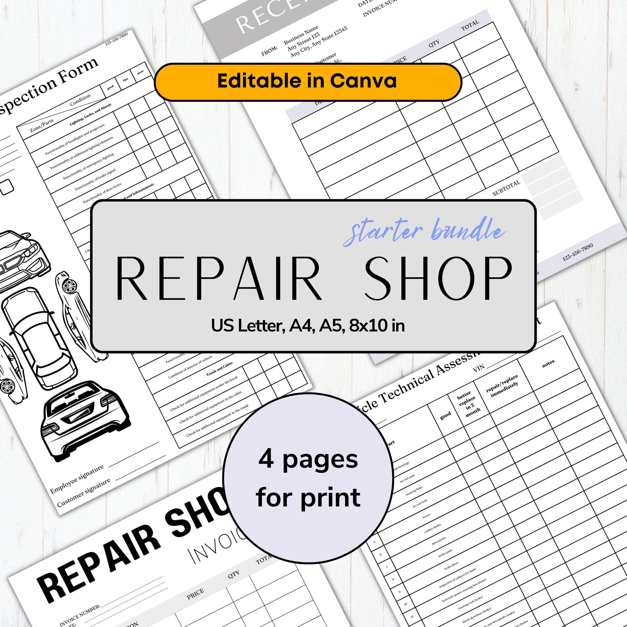 Car Repair Shop Documents Bundle Car Repair Forms Vehicle Inspection ...