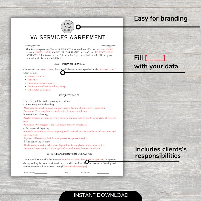 Virtual Assistant Contract Template VA Project Basis Contract Form ...