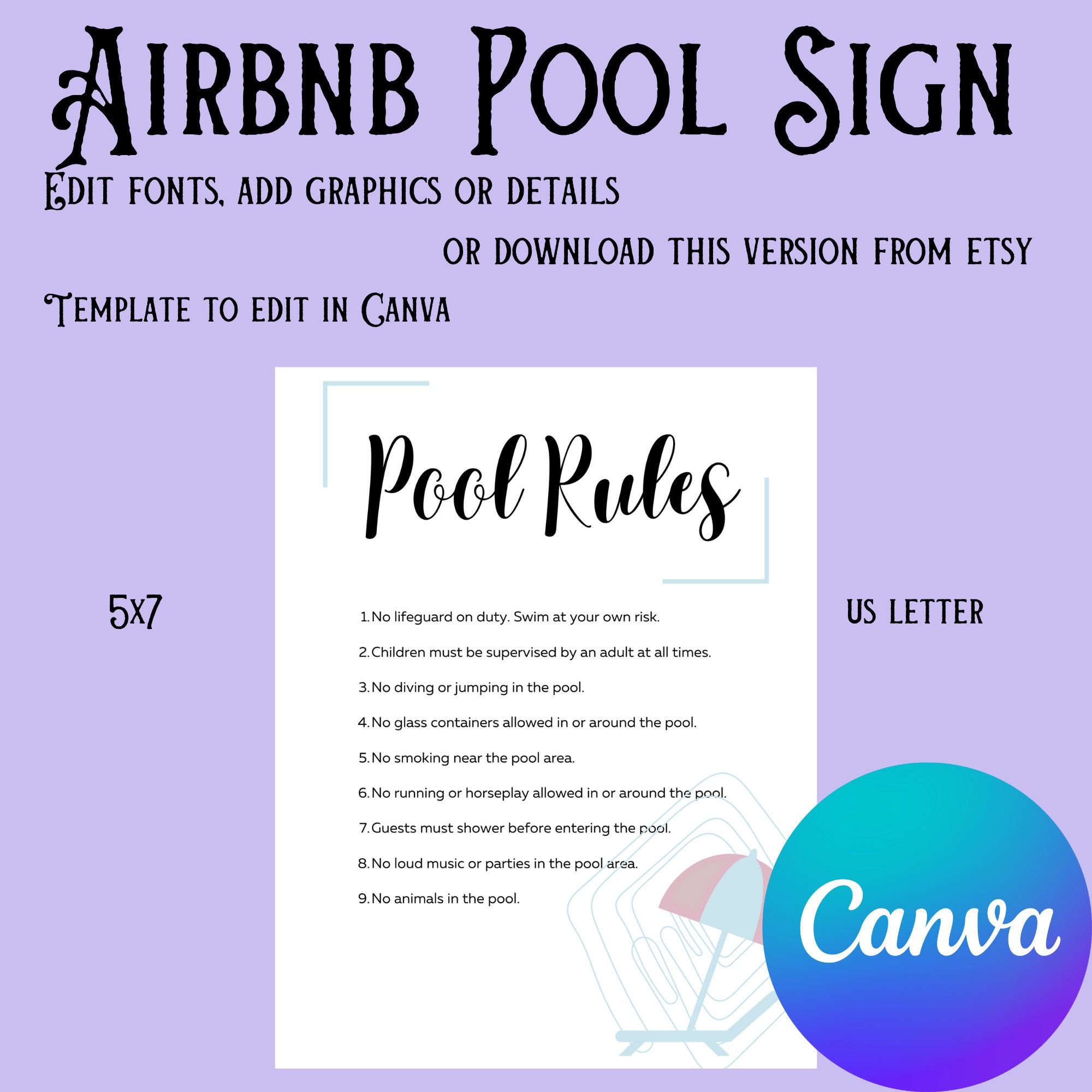 Swimming Pool Rules Template Editable Airbnb Editable Small Business ...