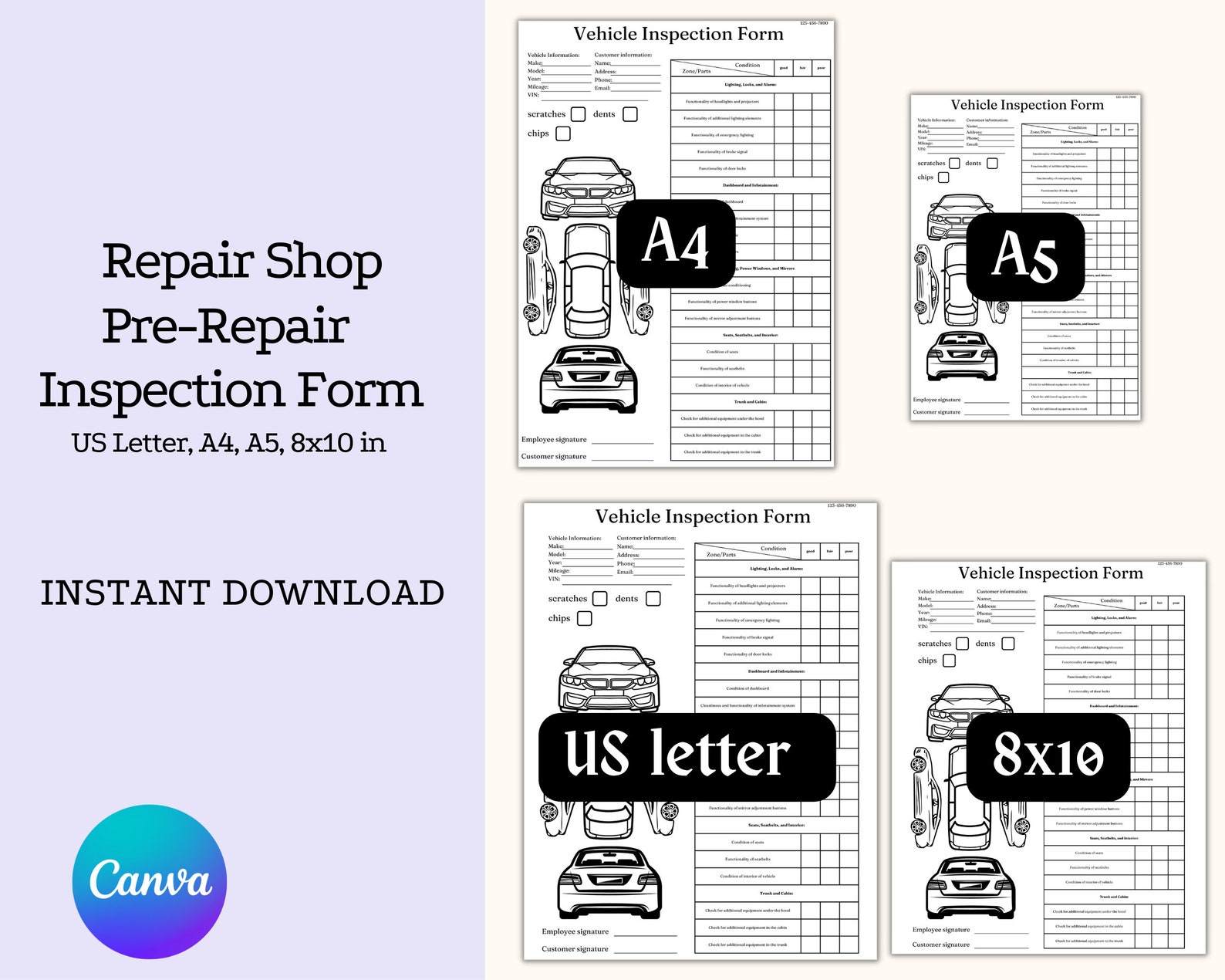 Vehicle Inspection Form Car Checking Mechanic Intake Form Repair Shop ...