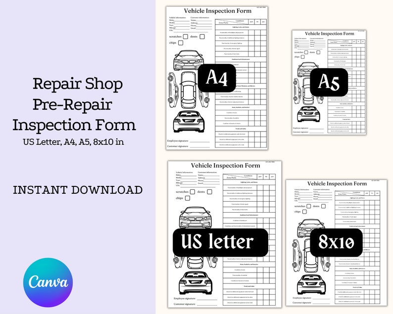 Vehicle Inspection Form Car Checking Mechanic Intake Form Repair Shop ...