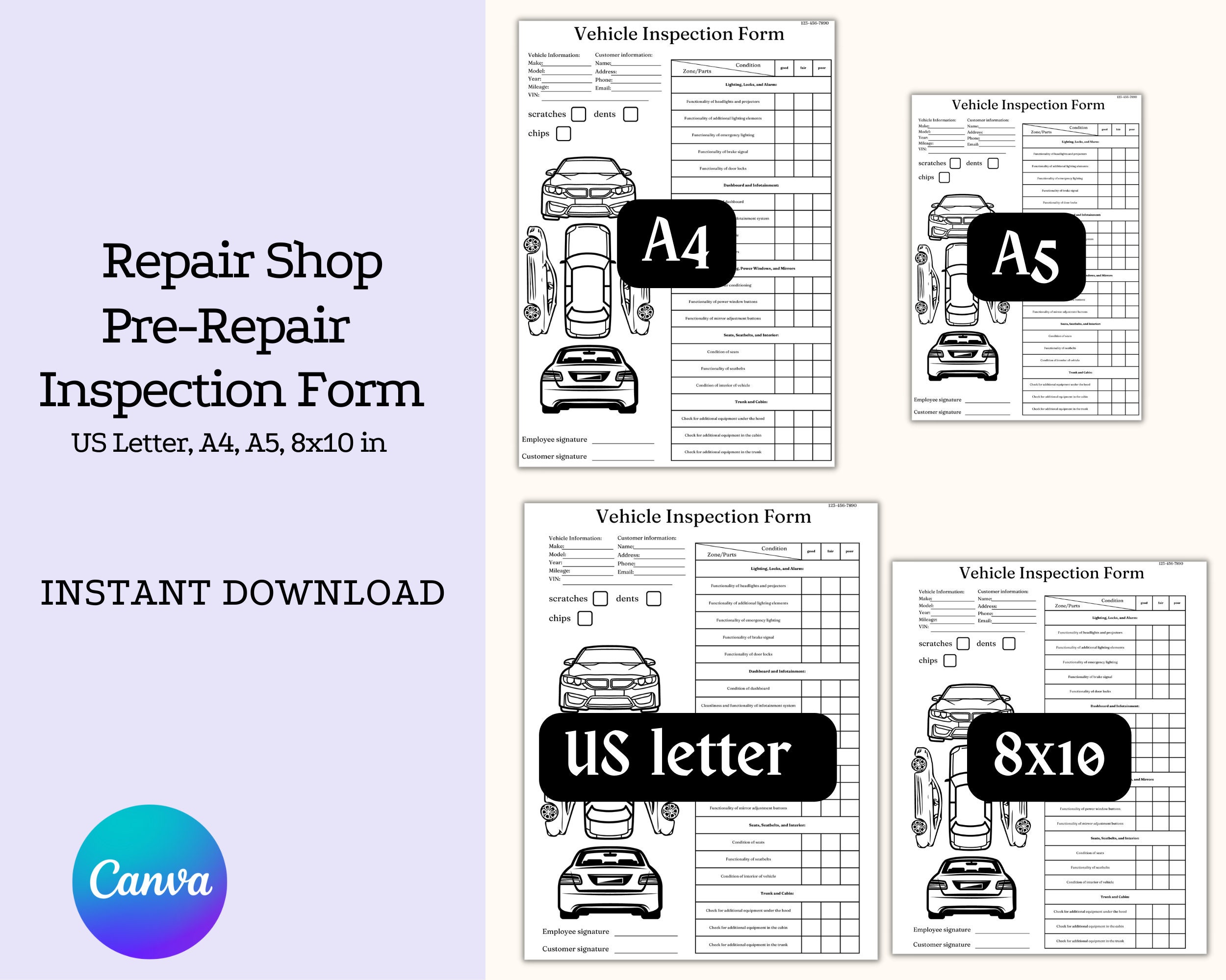 Vehicle Inspection Form Car Checking Mechanic Intake Form Repair Shop ...