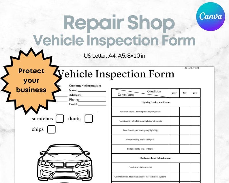 Car Repair Shop Documents Bundle Car Repair Forms Vehicle Inspection ...