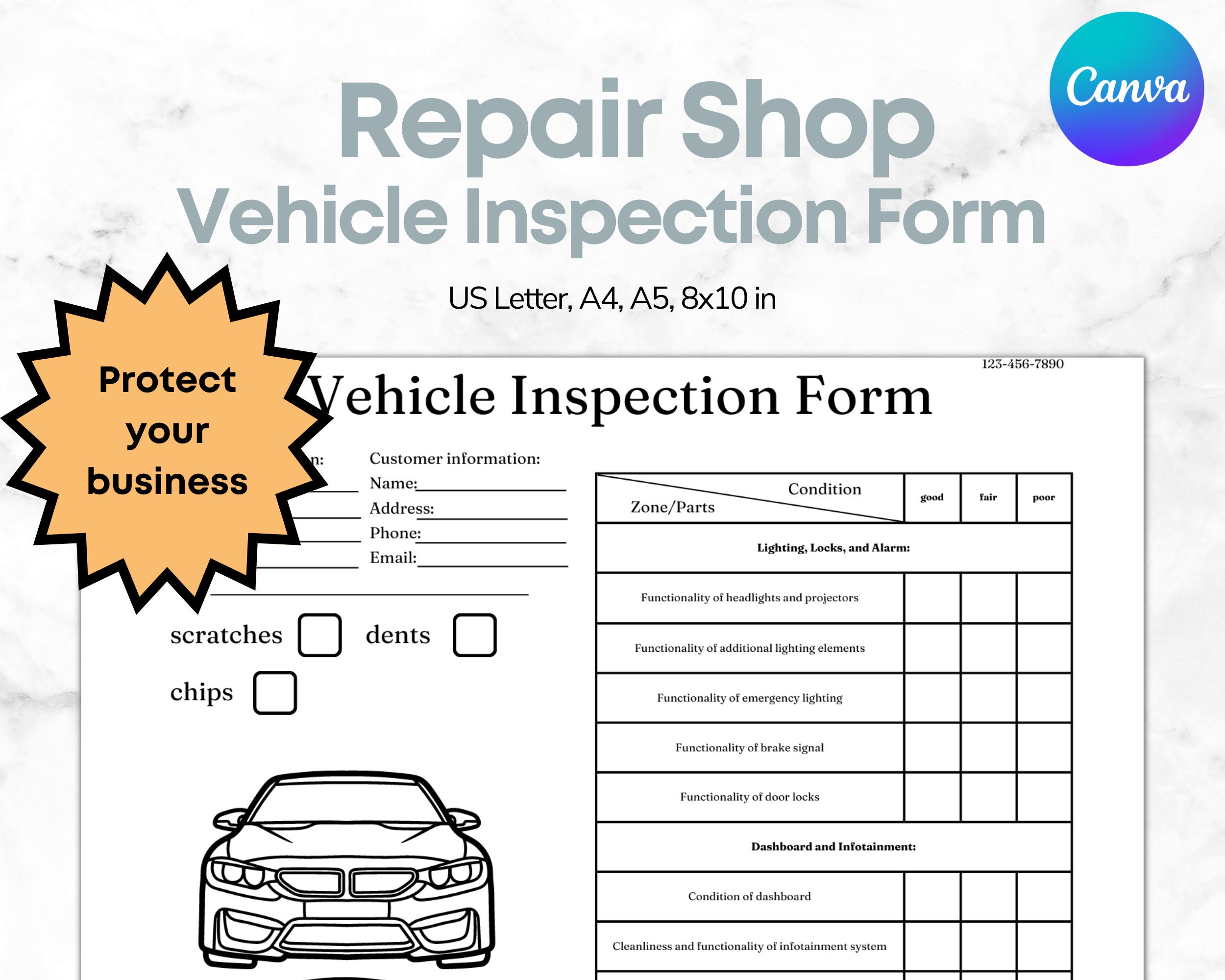 Car Repair Shop Documents Bundle Car Repair Forms Vehicle Inspection ...