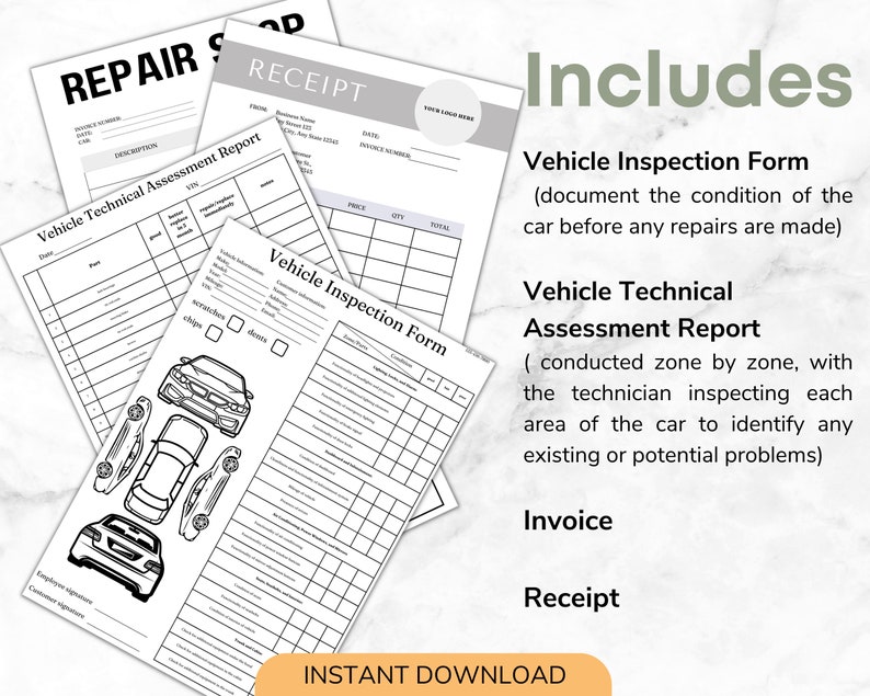 Car Repair Shop Documents Bundle Car Repair Forms Vehicle Inspection ...